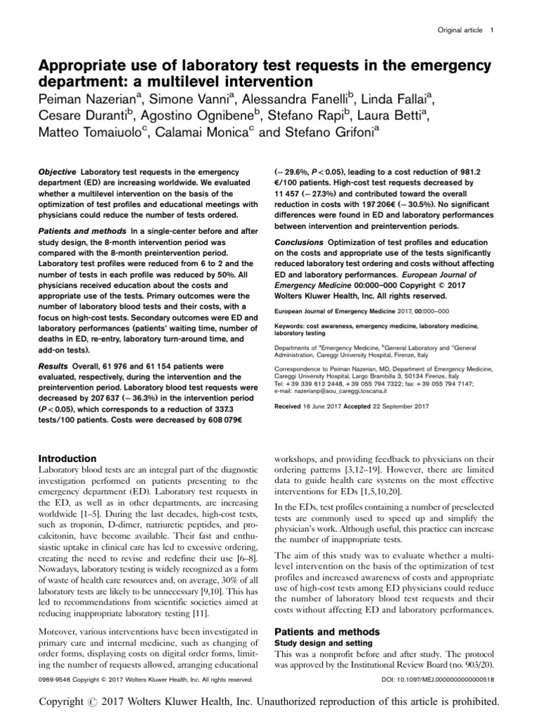 Appropriate Use of Laboratory Test Requests in The Emergency | PDF ...