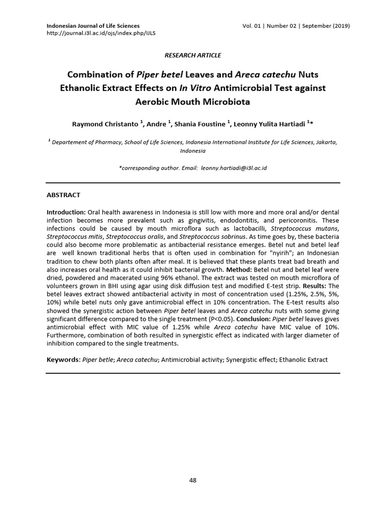 Combination of Piper betel Leaves and Areca catechu Nuts Ethanolic ... Combination of Piper betel Leaves and Areca catechu Nuts Ethanolic ...