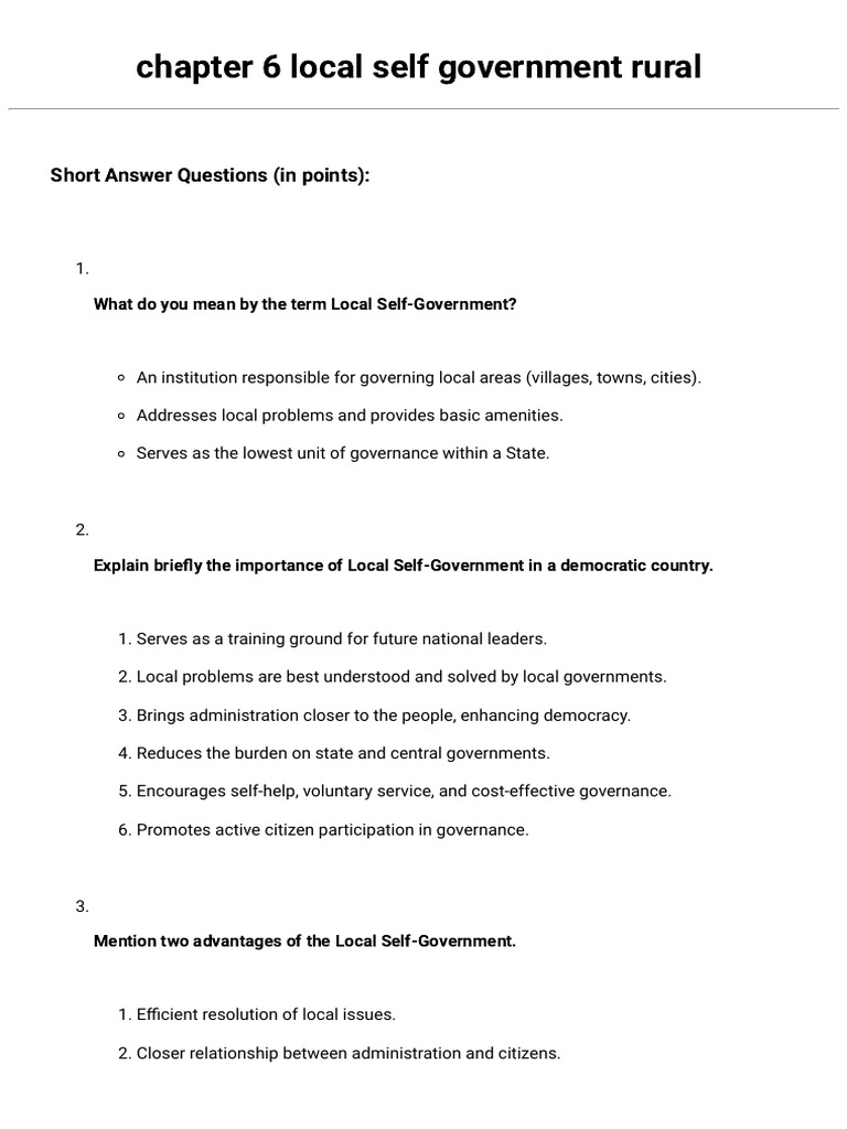 Chapter 6 Local Self Government Rural: Short Answer Questions (In ...