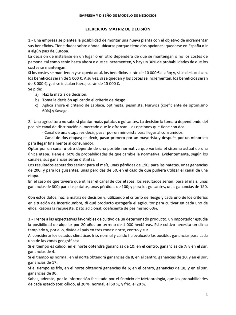 Ejercicios Matriz de Decisión | PDF | Agricultura | Incertidumbre