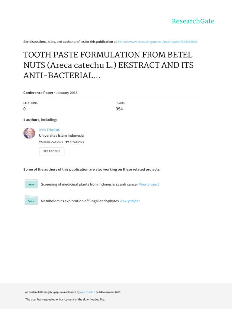 TOOTH PASTE FORMULATION FROM BETELNUTS (Areca Catechu L.) EXTRACT AND ITSANTI-BACTERIAL | PDF ...