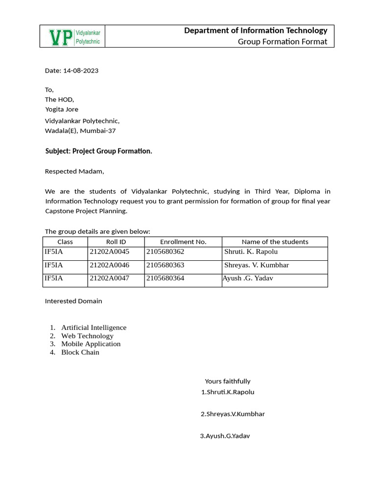 Format for Project Group Formation | PDF