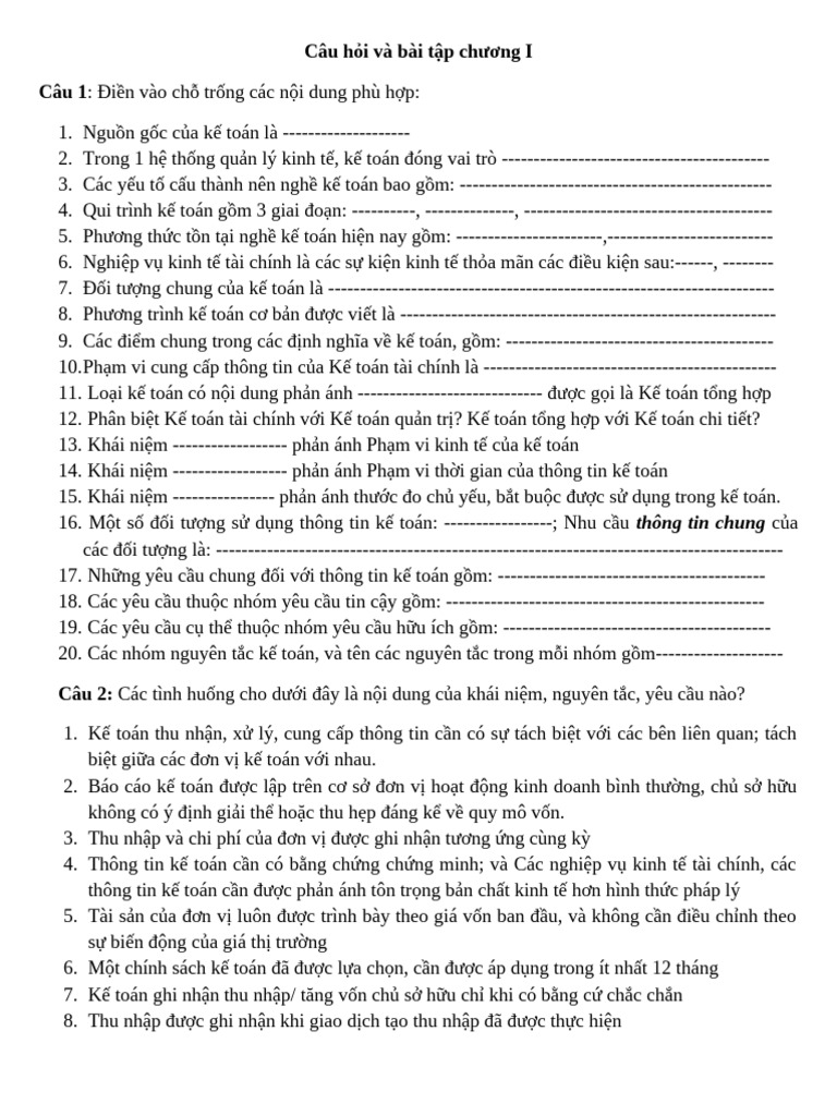 Câu Hỏi Và Bài Tập Chương 1 - SV | PDF