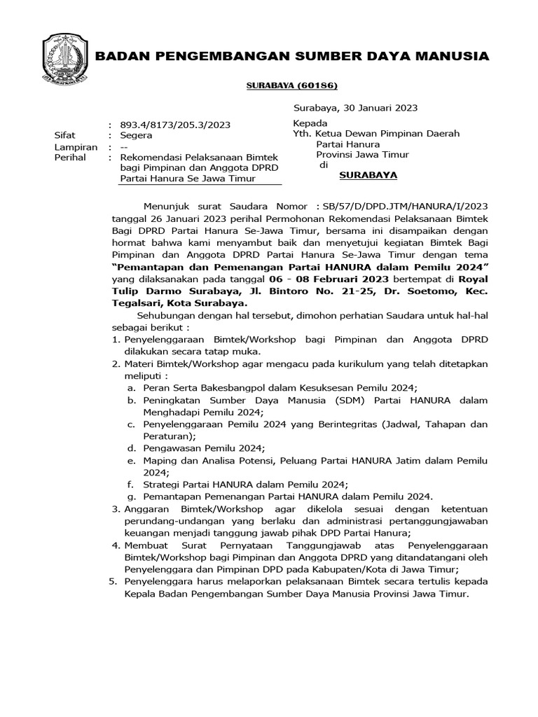 SURAT REKOM BIMTEK PARTAI HANURA - Sign | PDF
