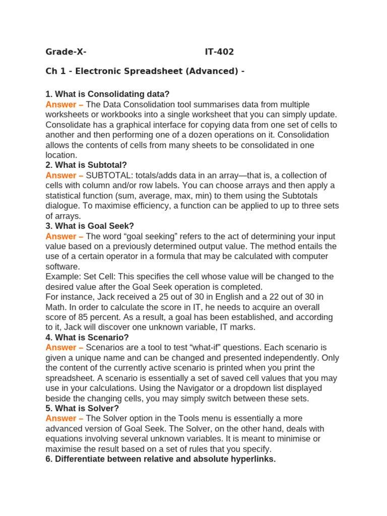 Grade X IT 402 CH 2 Electronic Spreadsheet Advanced - Part - 1 | PDF | Spreadsheet | Worksheet