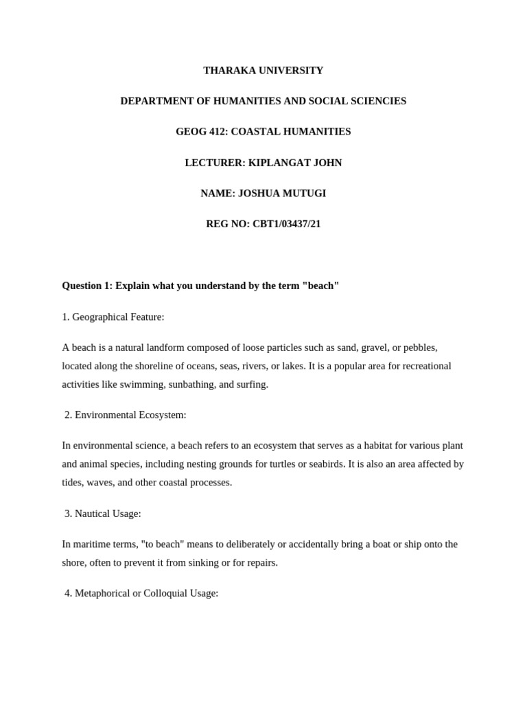 Joshua Mutugi Geog 412 Assignment | PDF | Coast | Coral Reef