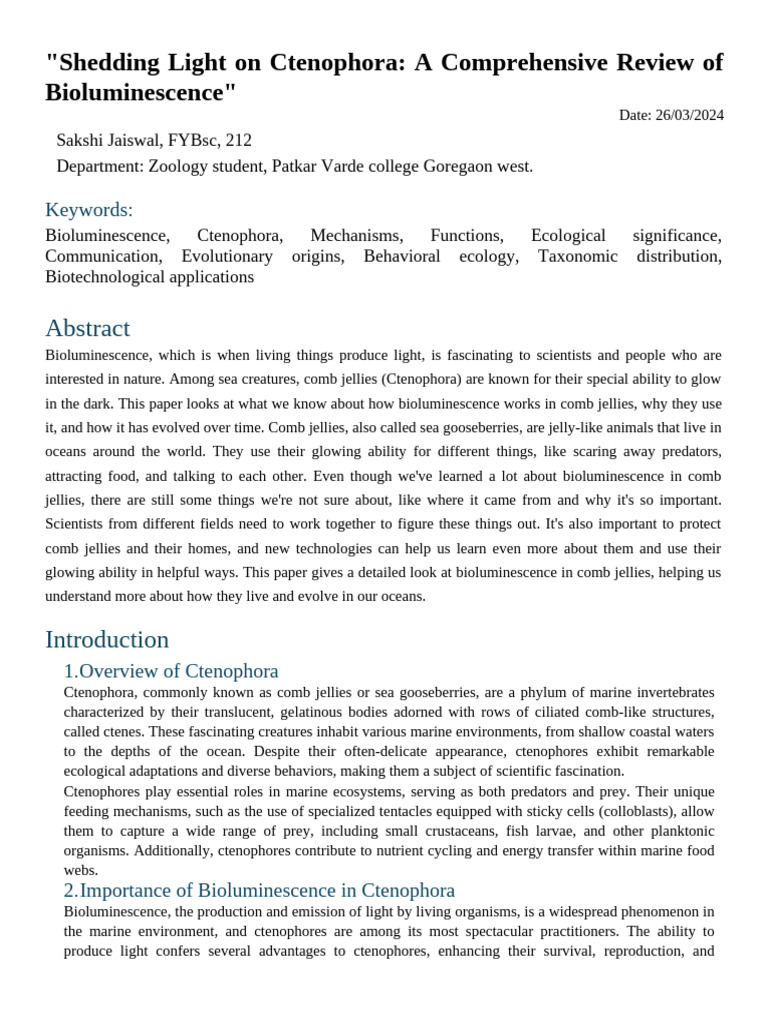 Shedding Light on Ctenophora | PDF | Evolution | Ecology