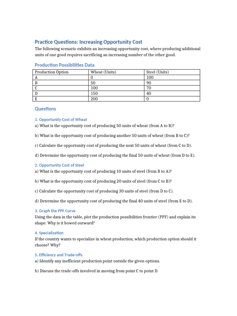 Increasing Opportunity Cost Practice Questions | PDF
