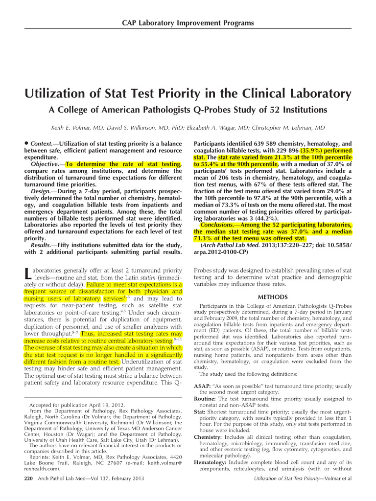 Utilization of Stat Test Priority in The Clinical Laboratory | PDF ...
