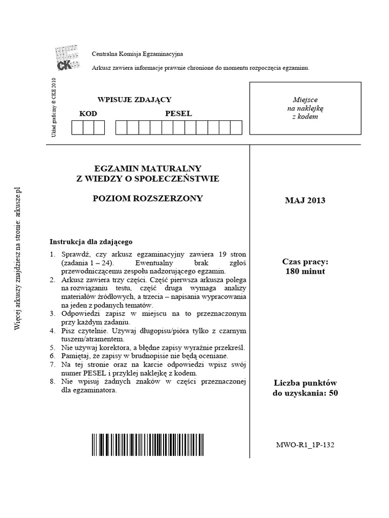 Wos 2013 Maj Matura Rozszerzona | PDF
