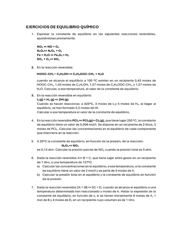 EJERCICIOS DE EQUILIBRIO QUÍMICO | PDF | Química Física | Química
