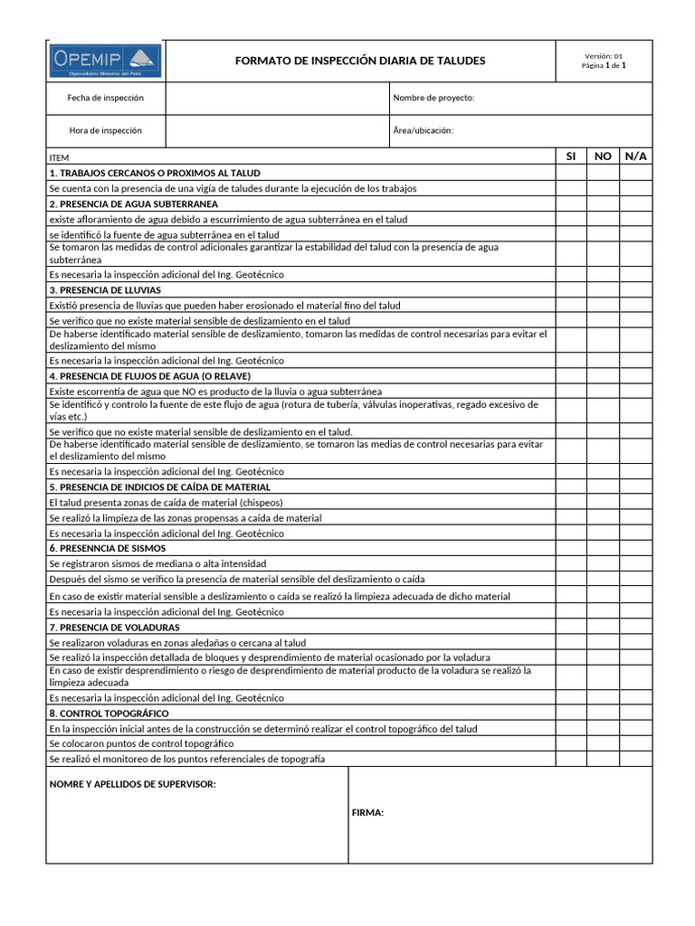 Sgsst-Ope-Fs-013-Formato de Inspección Diaria de Taludes | PDF | Agua | Ciencias de la Tierra