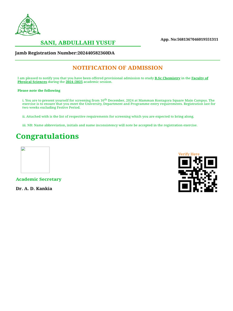Notification of Admission | PDF