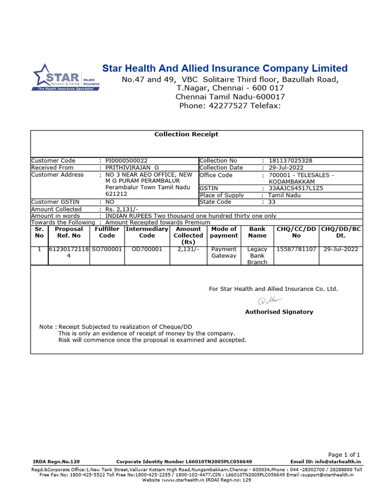 DS Collection Receipt 11230070754000 V1.0 | PDF | Money | Insurance