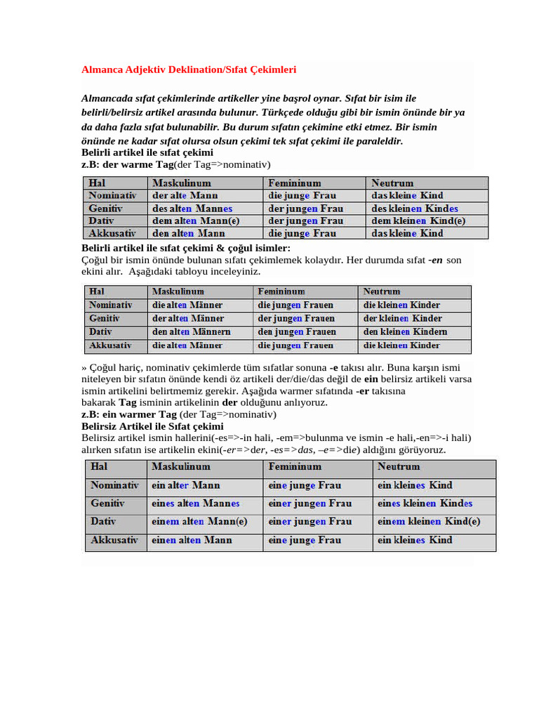 Almanca Adjektiv Deklination Sifat Cekim | PDF