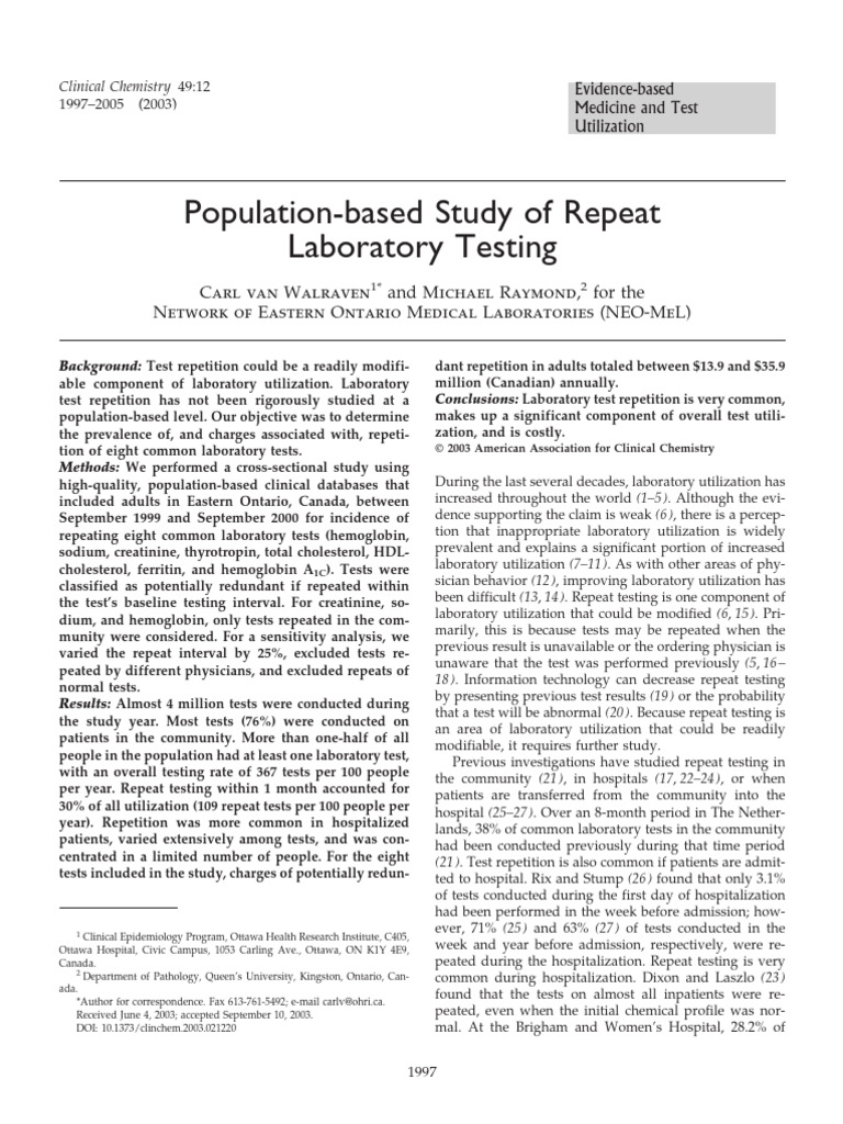 Population-Based Study of Repeat Lab Testing | PDF | Patient | Hospital