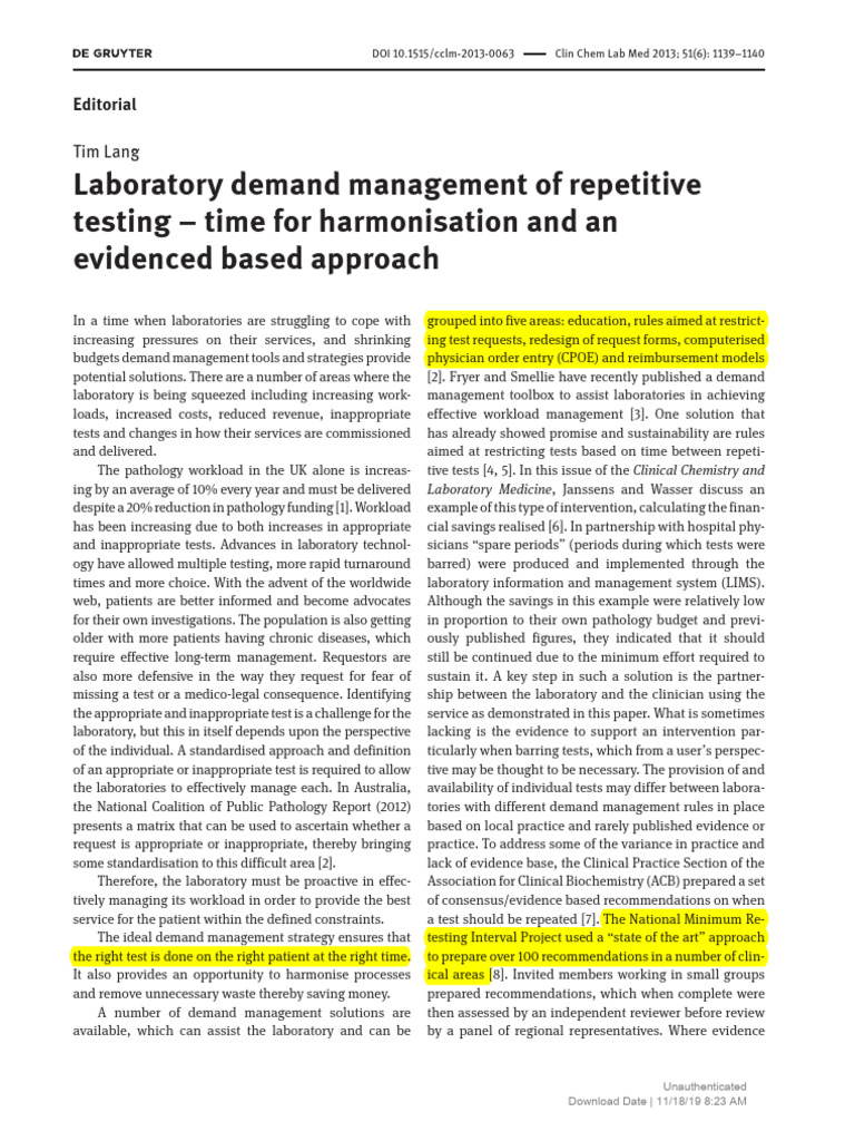 CCLM) Laboratory Demand Management of Repetitive Testing Time For ...