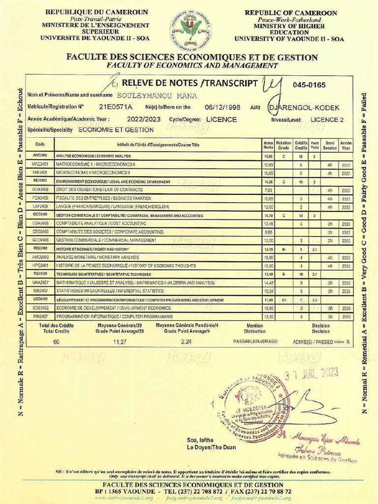 Releve de Notes Licence 2 Mana1 | PDF
