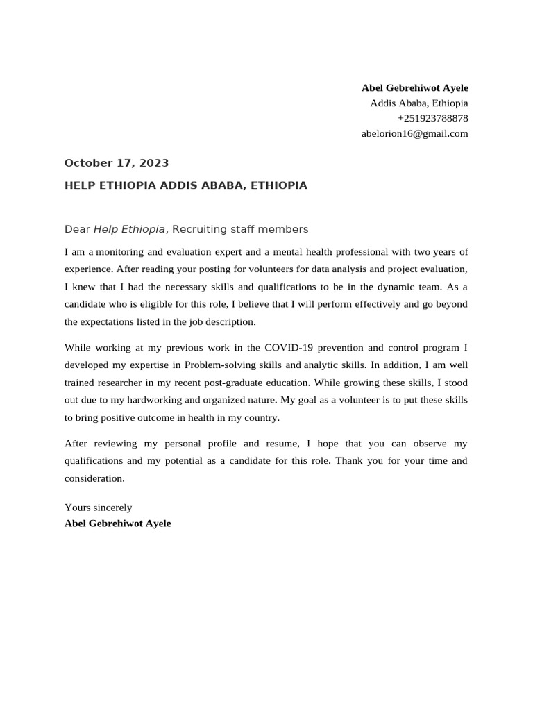 Cover Letter For HELP Ethiopia | PDF