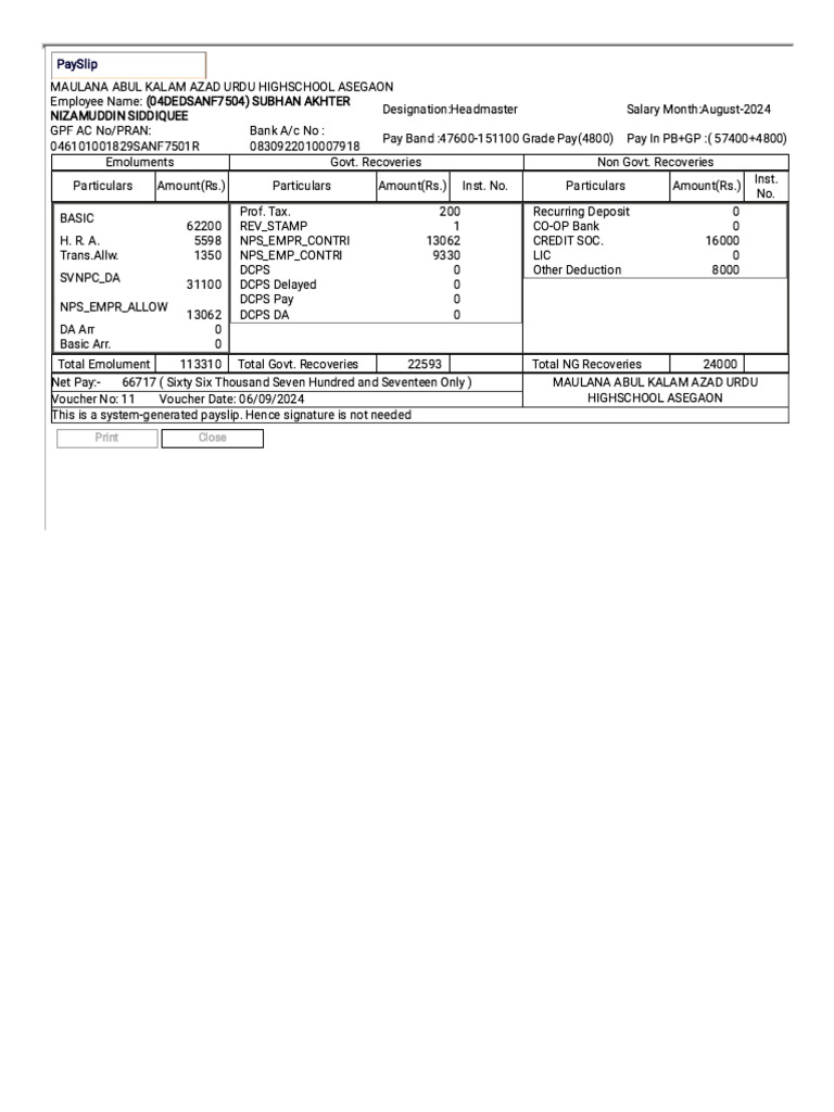 August 2024 Payslip for Headmaster | PDF