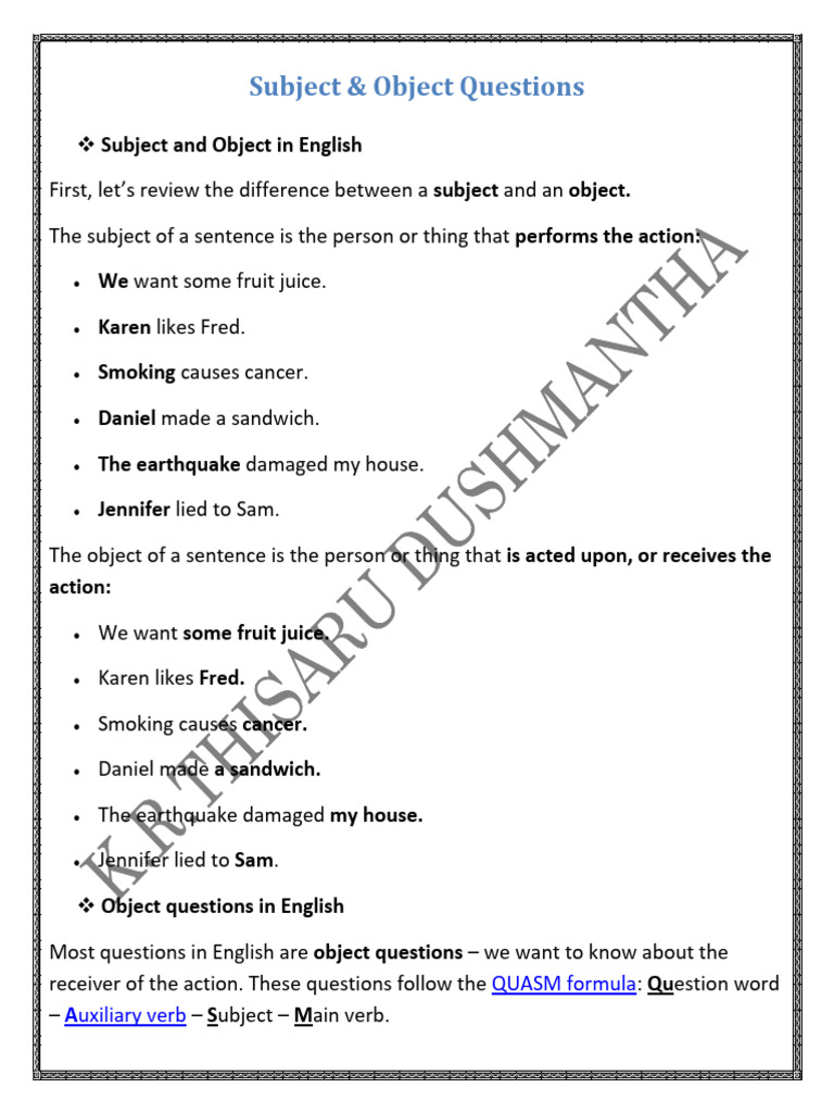 Subject and Object Questions Explained | PDF | Subject (Grammar) | Verb