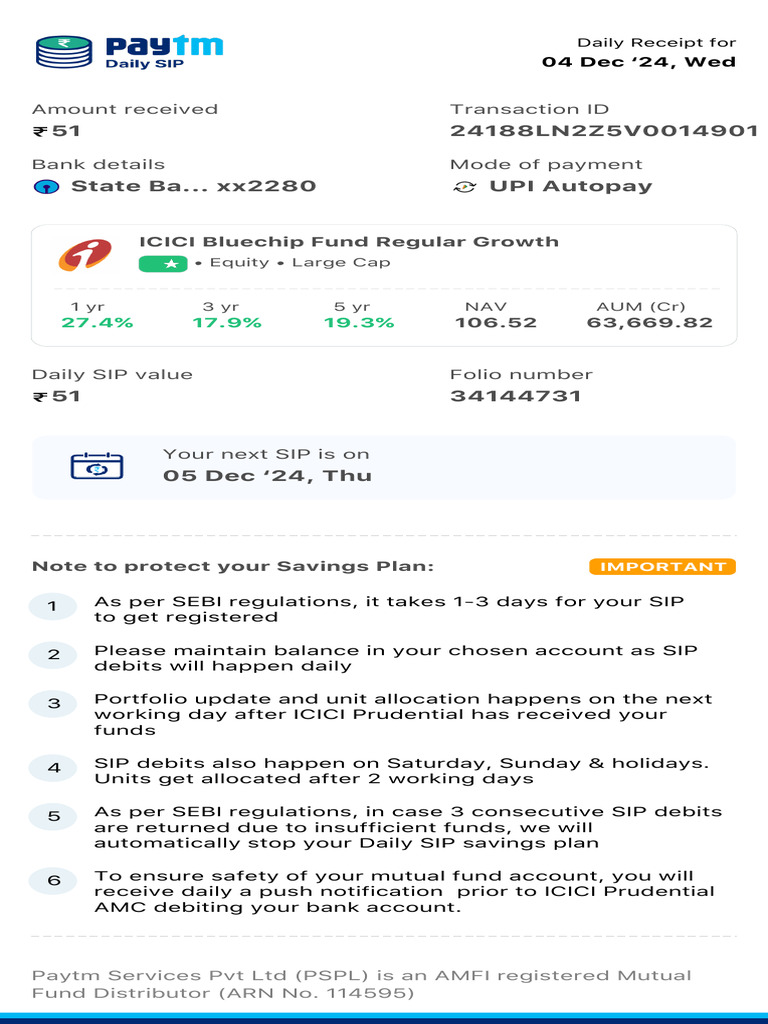 Daily SIP Receipt - ICICI Bluechip Fund | PDF