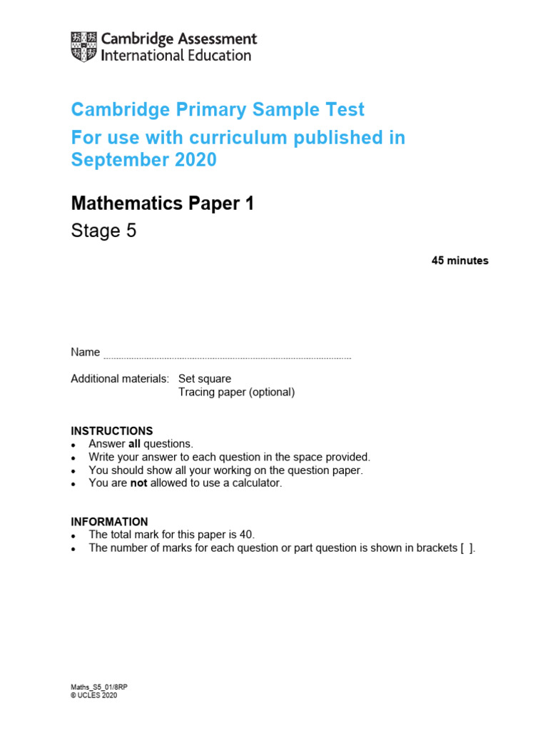 Mathematics Stage 5 Sample Paper 1 - tcm142-594998 | PDF
