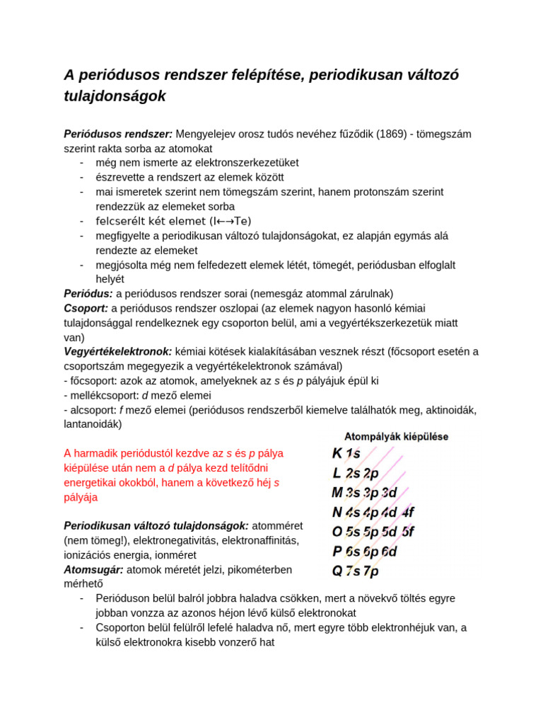 Periódusos Rendszer Felépítése, Periodikusan Változó Tulajdonságok | PDF