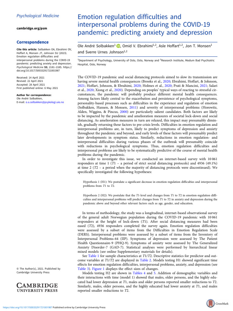 Emotion Regulation Difficulties and Interpersonal Problems During The Covid 19 Pandemic ...