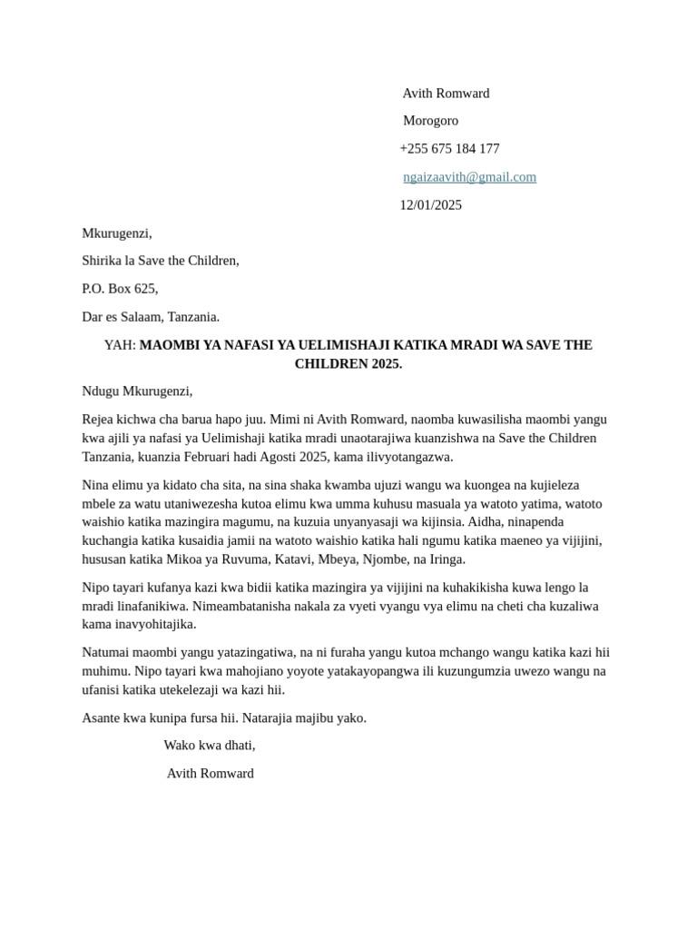 BARUA YA MAOMBI YA KAZI_104500 | PDF