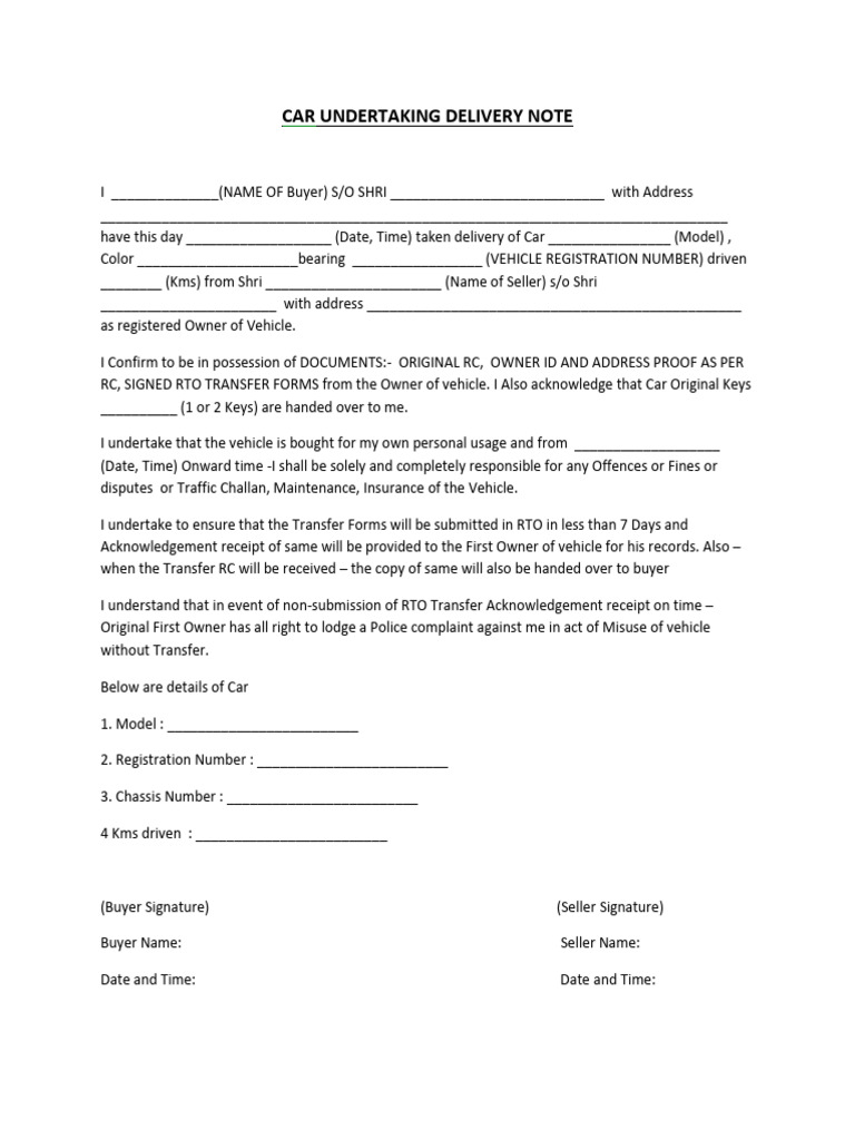 RTO Vehicle Delivery-Note | PDF