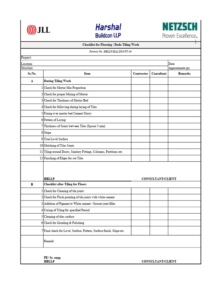 Flooring Dado Tiling Checklist | PDF
