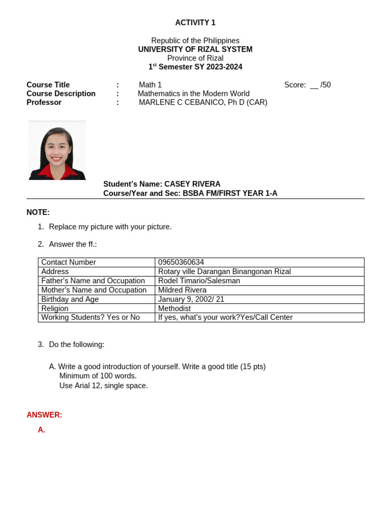 Activity1 Rivera Casey Math1 | PDF | Aesthetics | Mathematics