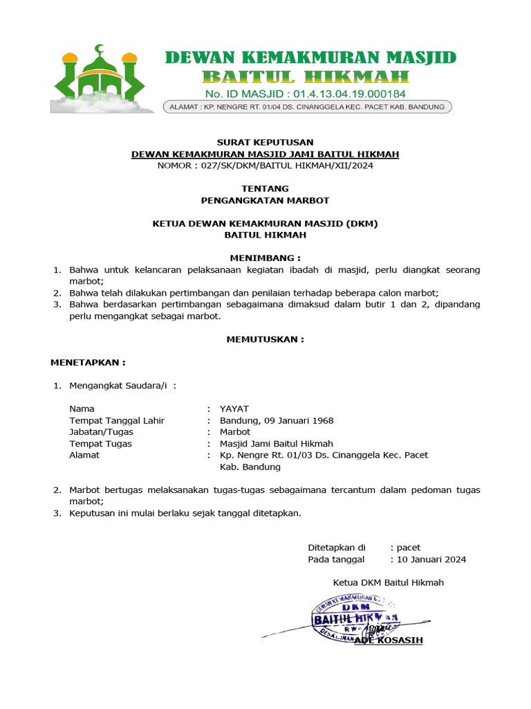 SURAT KEPUTUSAN-MARBOT YAYAT | PDF