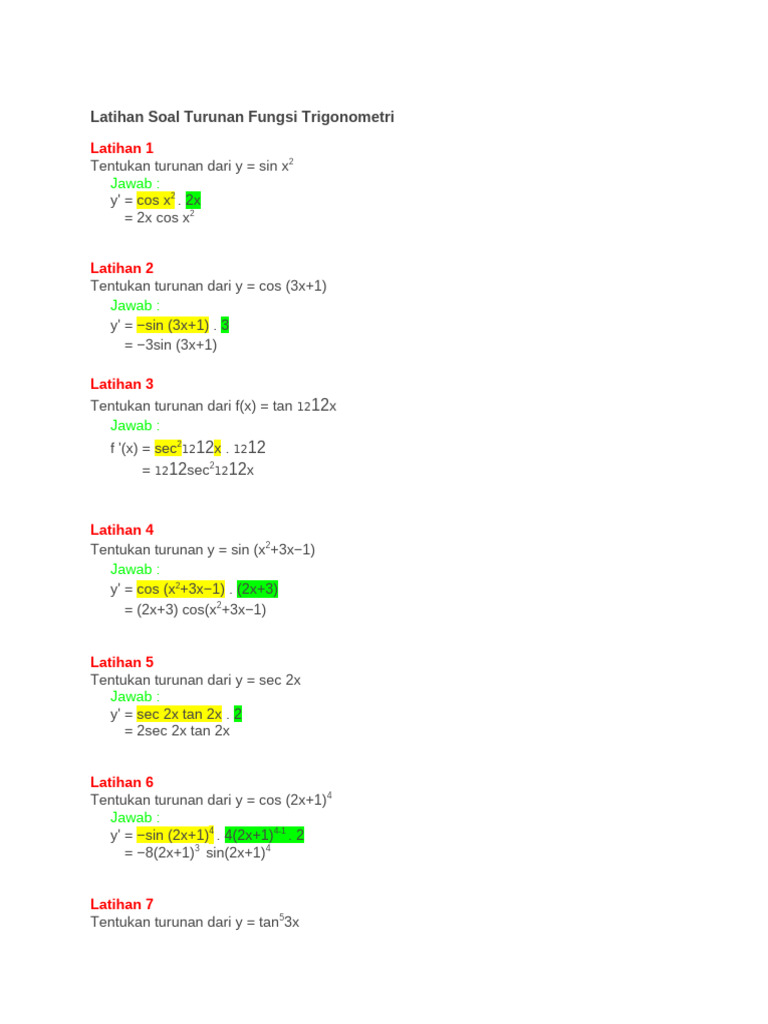Latihan Soal Turunan Fungsi Trigonometri | PDF