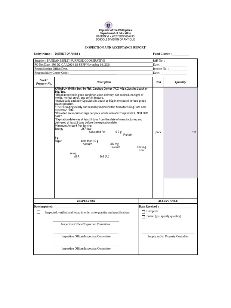 Iar SBFP Lot-1-Karabun 2024-2025 Mainland | PDF | Fat | Nutrition
