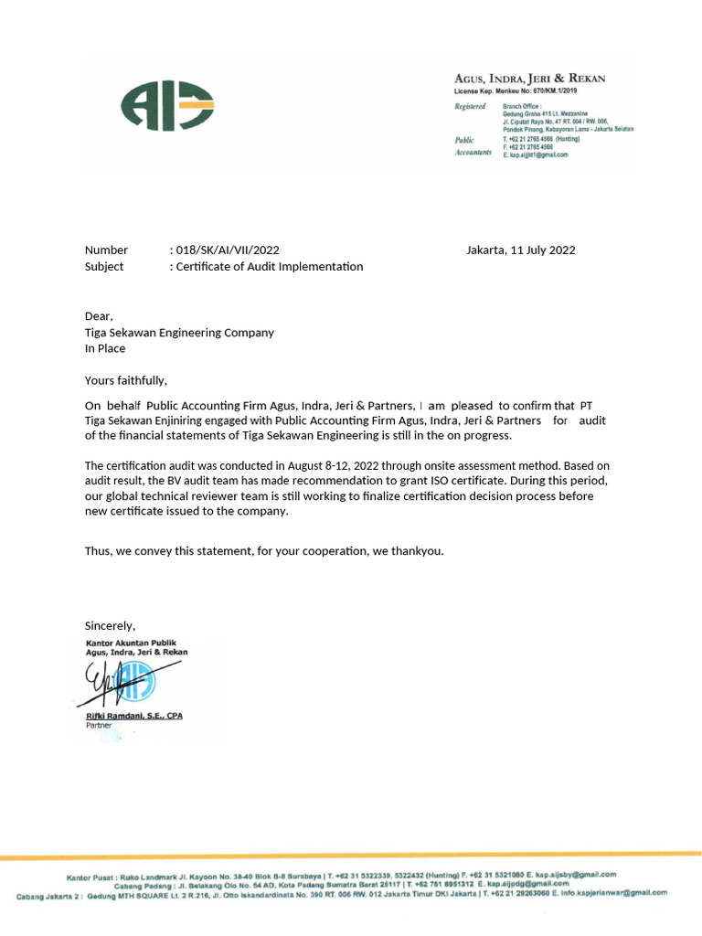 Audit Financial Statement Letter | PDF