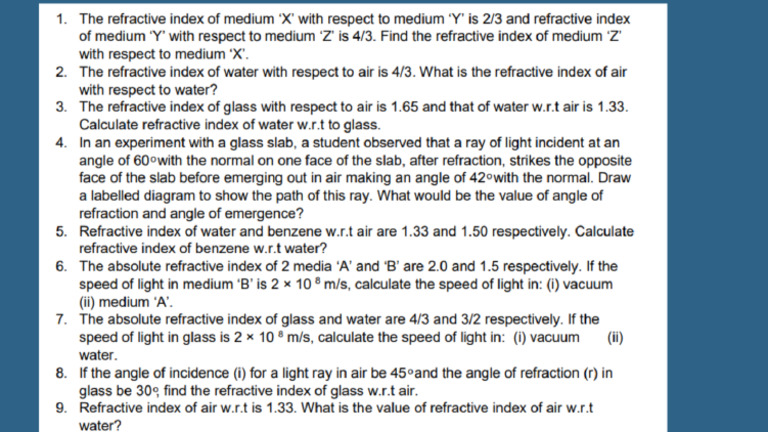 Class-X - PHY - Ch-1 - LIGHT - Refraction Numericals | PDF