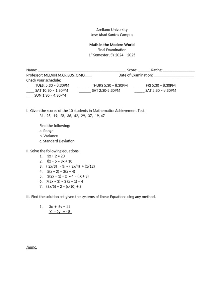 MMW AU FInal Examination 2024 | PDF