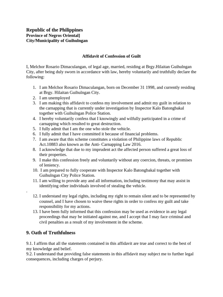 Carnapping Affidavit of Confession | PDF | Affidavit | Legal Procedure