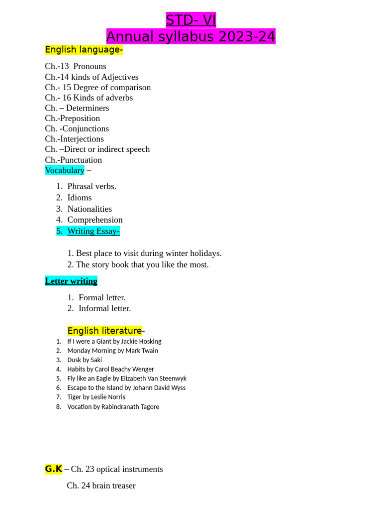 Annual Syllabus Class VI 2023 24-3 | PDF | Shape | English Language