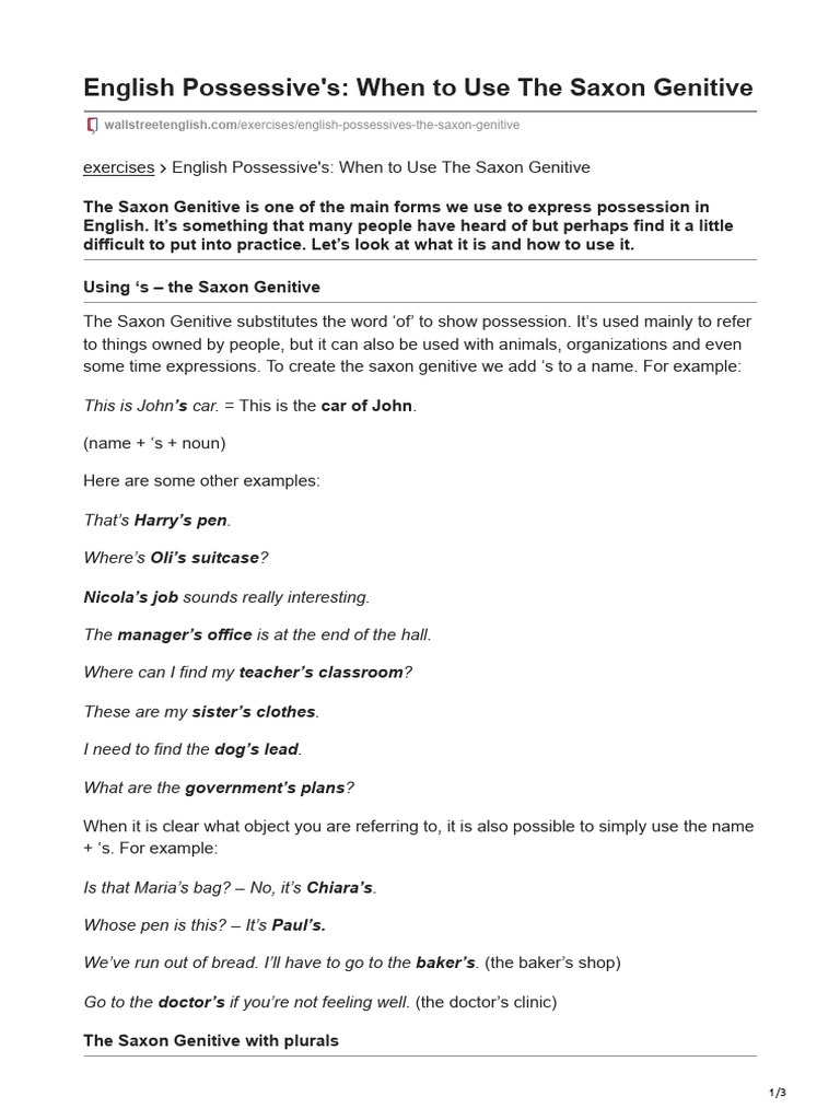 wallstreetenglish.com-English Possessives When to Use The Saxon Genitive | PDF | English ...