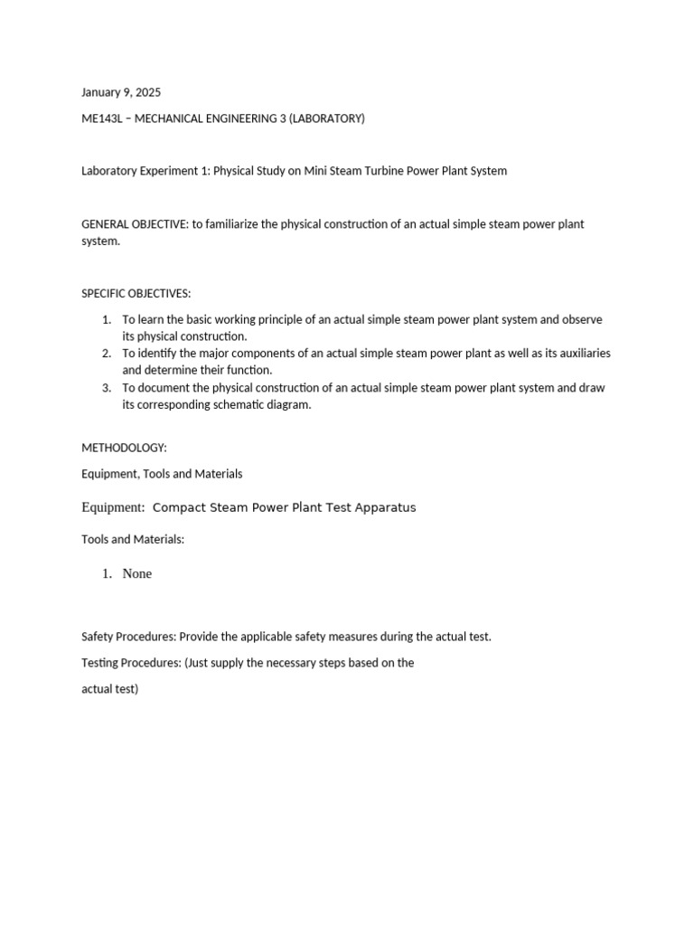Laboratory Experiment 1 - Physical Study On Mini Steam Turbine Power ...