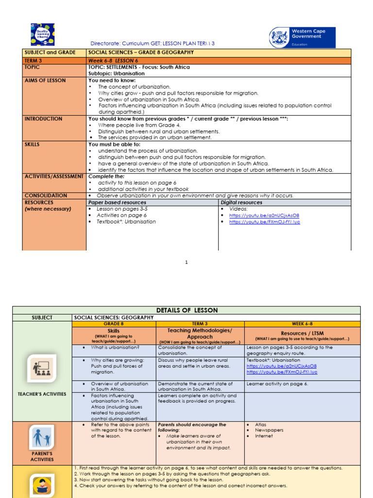Lesson Plan GR 8 SS Geography T3 W6-8 | PDF | Urbanization | Human ...