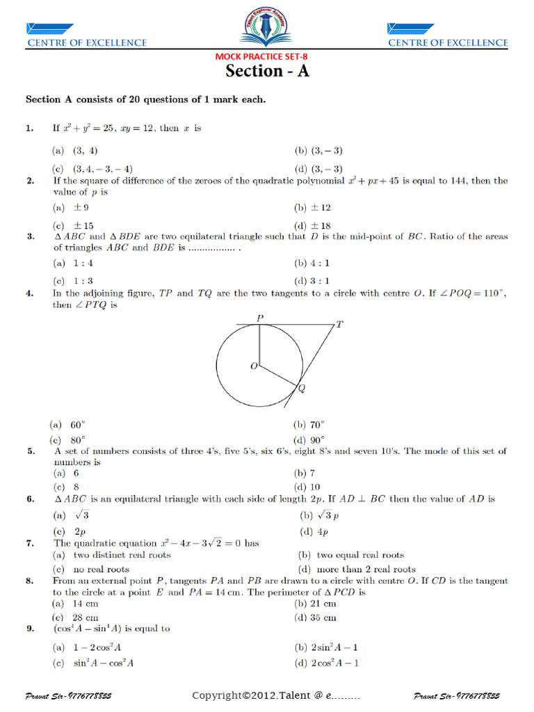 MOCK PRACTICE SET-8 (Std-10) | PDF