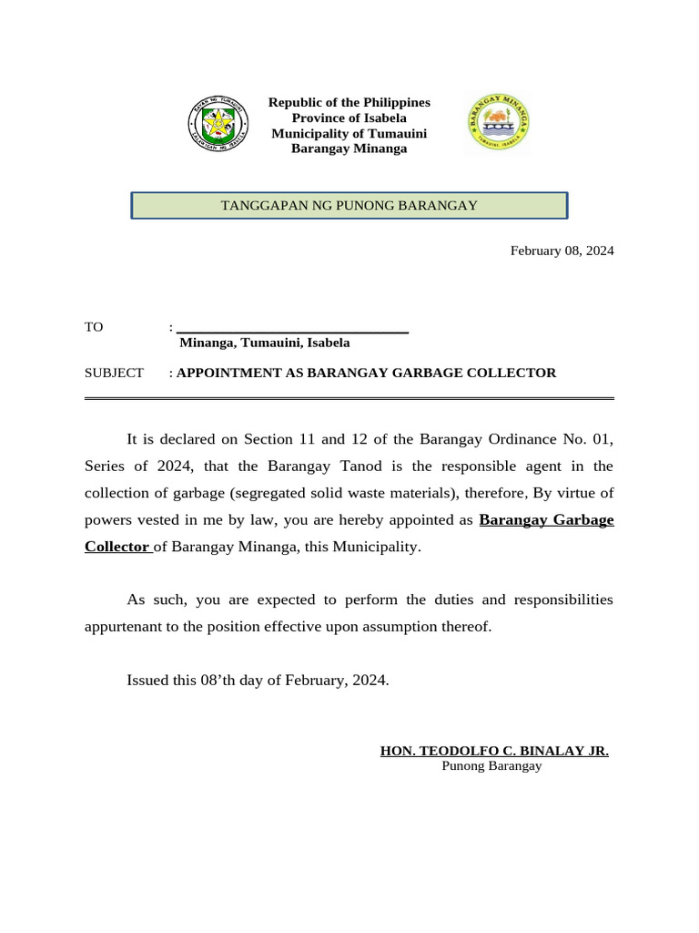 Appointment Letter Garbage Collector Pdf