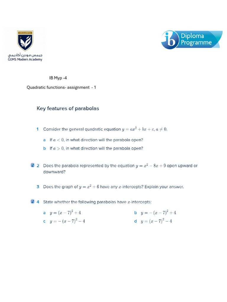 IB Myp - 4 Quadratic Functions Assignment 1 | PDF