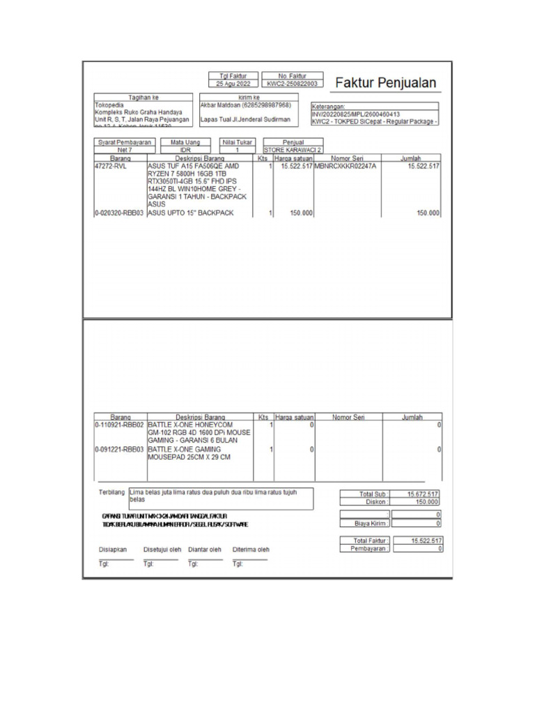 Invoice Asus Tuf Gaming | PDF