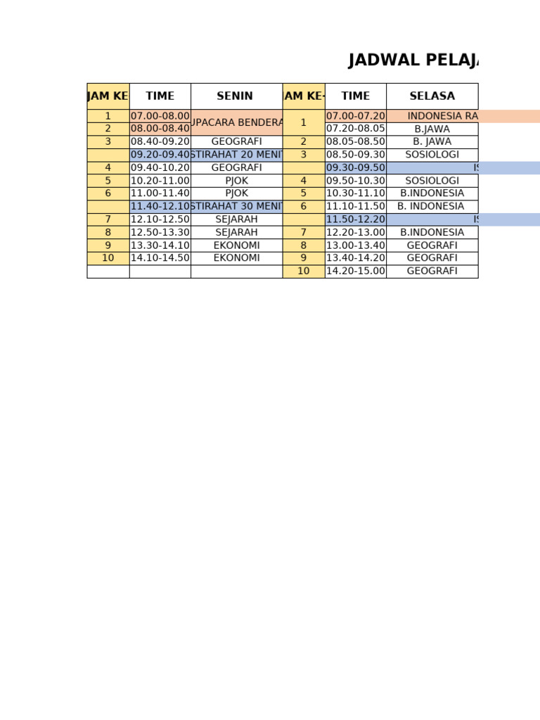 Jadwal Pelajaran Kelas Xi 7 | PDF