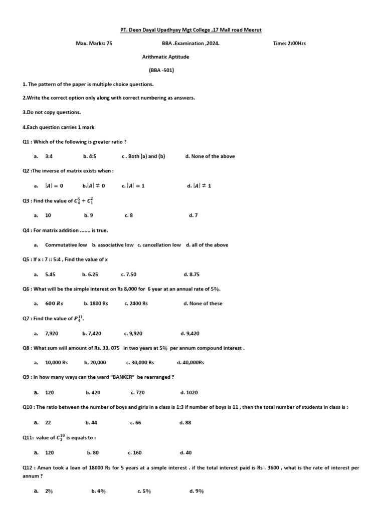 BBA Arithmetic Aptitute 501 2 | PDF | Algebra | Arithmetic